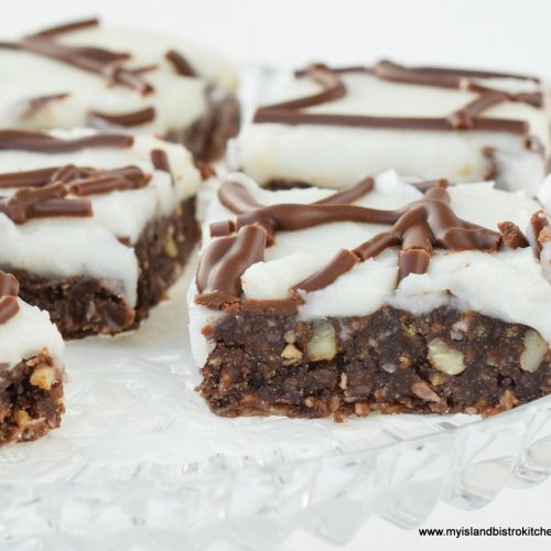 Unbaked Chocolate Coconut Square - My Island Bistro Kitchen